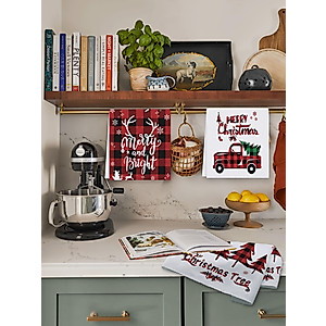 Miryoku Christmas Kitchen Towels Dish Towels Set of 4 Red White Merry Christmas Black Red Plaid Xmas Holiday Decorative Dishcloths Tea Towels for Home Decorations