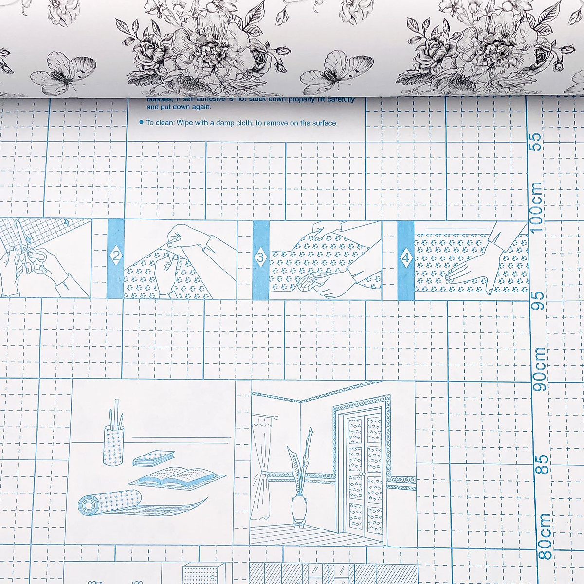 SimpleLife4U Easy Apply Shelf Liner Removable Furniture Paper Decorative Workspace Organizers Sofa Tables, Black-White Peony Butterfly, 17.7 Inch by 9.8 Feet