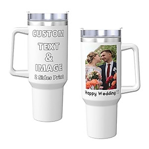 Custom 40oz Tumblers with Handle Personalized with Name Photo Text Logo Travel Cup Customized Christams Fathers Mothers Day Gifts For Mom Dad Friends, Beige