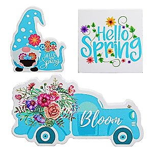 3 Pieces Hello Spring Tiered Tray Decor Easter Tiered Tray Decorations Rustic Spring Wooden Sign Farmhouse Mini Flower Bloom Table Signs for Spring Parties Holidays Table Home Room Decorations
