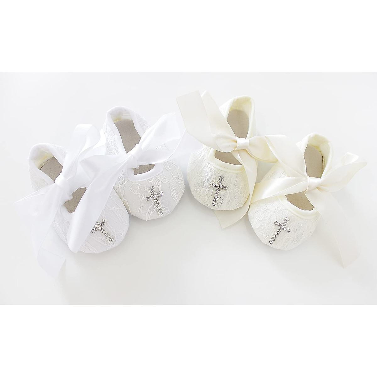LilPinkGoose 0-18M Ivory & White Baby Girls Newborn Lace Baptism Shoes Toddler Wedding Dress Shoes (White Shoes with Cross, us_Footwear_Size_System, Infant, Women, Age, Medium, 0_Months)