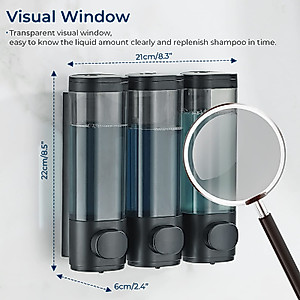 Shampoo and Conditioner Dispenser, Pollock Shower Dispenser 3 Chamber No Drill Shampoo Dispenser for Shower Wall Mounted Shampoo Conditioner Body Wash Dispenser for Bathroom,Large Capacity,Black