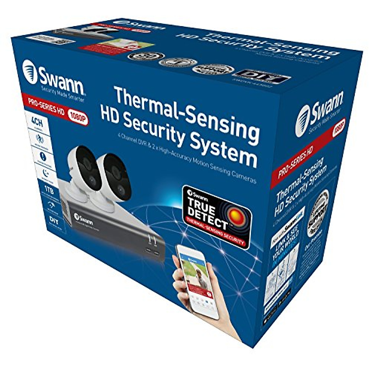 Swann Home Security Camera System, 4 Channel 2 Bullet Cameras, 1080p HD DVR, Indoor/Outdoor Wired Surveillance CCTV, Night Vision, Heat & Motion Sensing, Alexa + Google, 1TB Hard Drive, SWDVK-445802V