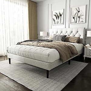 HAOARA Queen Size Platform Bed Frame with Upholstered Button Tufted Headboard, Mattress Foundation with Wooden Slat Support, Noise Free, No Box Spring Needed, Easy Assembly, Light Grey