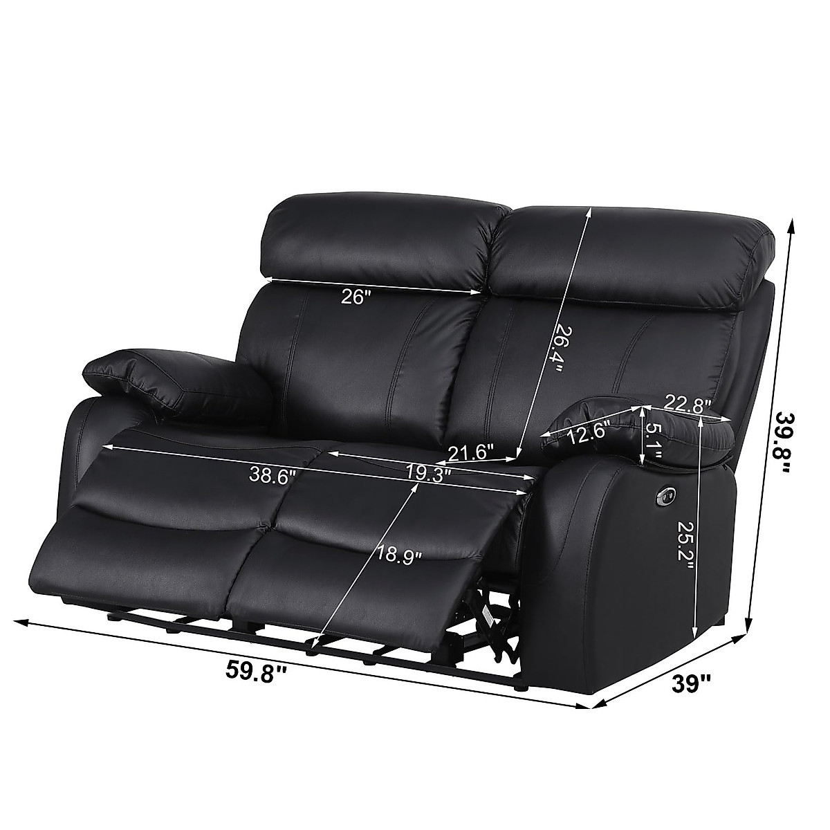 Alexent Loveseat Recliner Sofa, Power Recliner Leather Loveseat Sofa with USB Port Recliner Chair Couch 2 Seater Sofa for Living Room,Bedroom,Playroom,Black