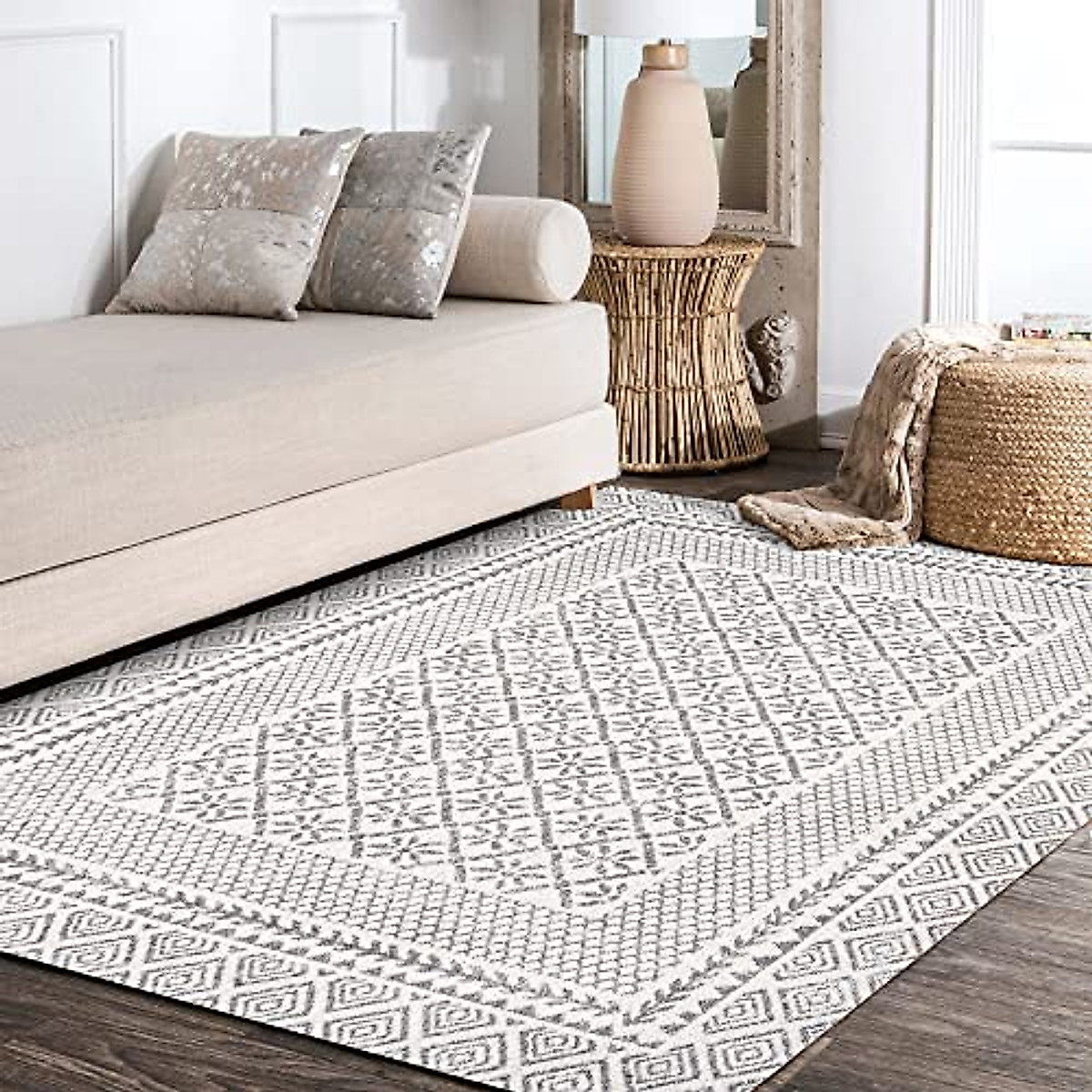 JONATHAN Y MOH107A-5 Athens Modern Geometric Boho Rug Indoor Area-Rug, Moroccan, Farmhouse, Southwestern Easy-Cleaning,Bedroom,Kitchen,Living Room,Non Shedding, Gray/Cream, 5 X 8