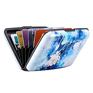 ELFISH Mini RFID Aluminum Wallet Credit Cards Holder Business Card Case Metal ID Case for Men Women (Blue Lotus)