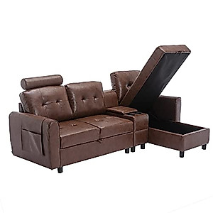 FANYE L-Shaped Corner Sectional Reversible Storage Chaise, Modern Convertible Sofa & Couch W/Headrest and Cupholders for Home Apartment Office Living Room, Brown PU Leather