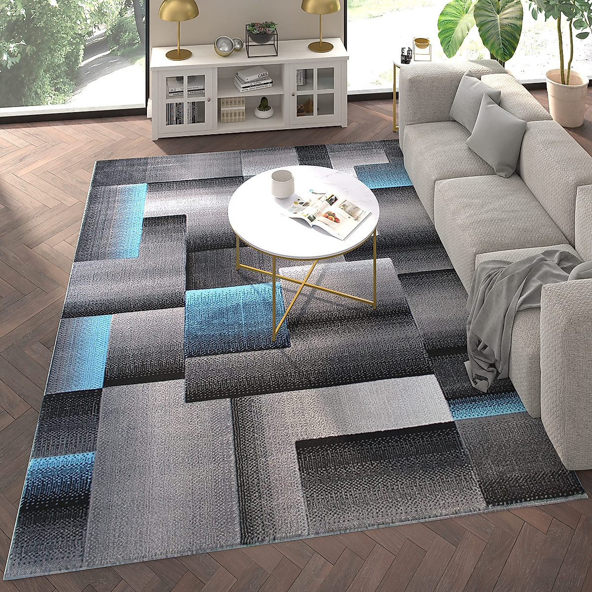 EMMA + OLIVER Malaga Olefin Accent Rug - Modern Cubist Pattern - Black and Gray Shades with Vibrant Blue Accents - 8x10 - Moisture & Stain Resistant