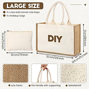 Sweetude 4 Set Jute Burlap Tote Bag with Makeup Bags Include 4 Pcs Jute Tote Gift Bags with Handles 4 Pcs Canvas Zipper Pouch Reusable DIY Craft Blank Canvas Tote Bags for Wedding Bridesmaid