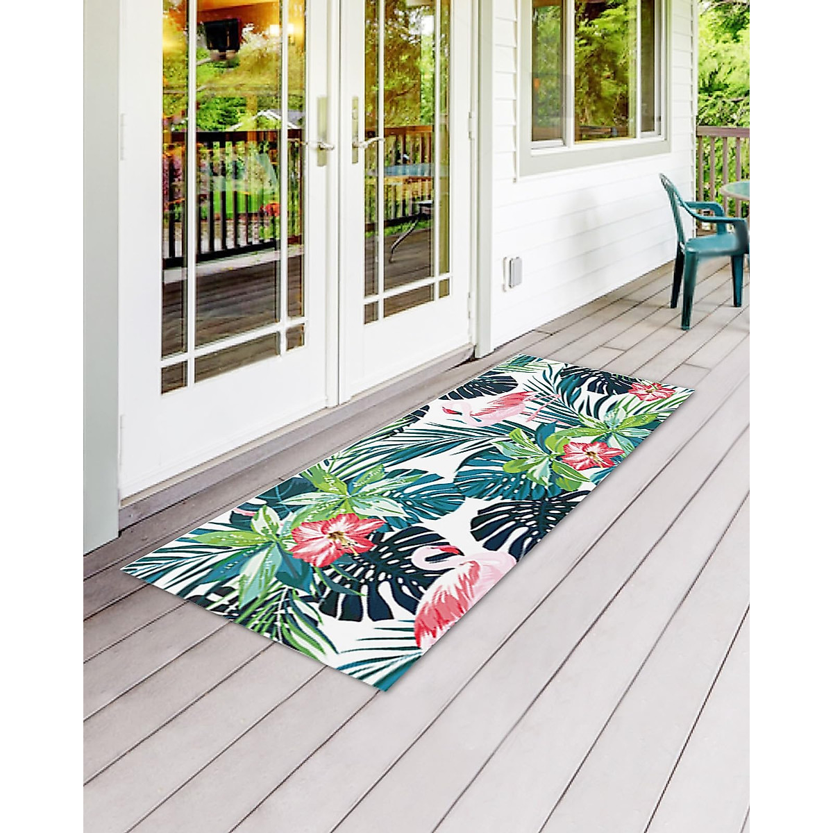 Welcome Mats, Flamingo and Green Leaves Door Mat, Non-Slip Absorbent Large 20x63 Inch Outdoor Indoor Mat Low-Profile Floor Mat Doormat for Entryway/Patio/Garage