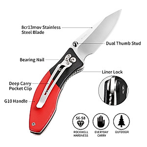 Folding Pocket Knife, 3 inch 8Cr13MoV Stainless Steel Blade, Safety Liner Lock, Pocket Clip, Manual Opening, G10 Handle, Perfect for Outdoor Camping and Everyday Carry, Black+Red