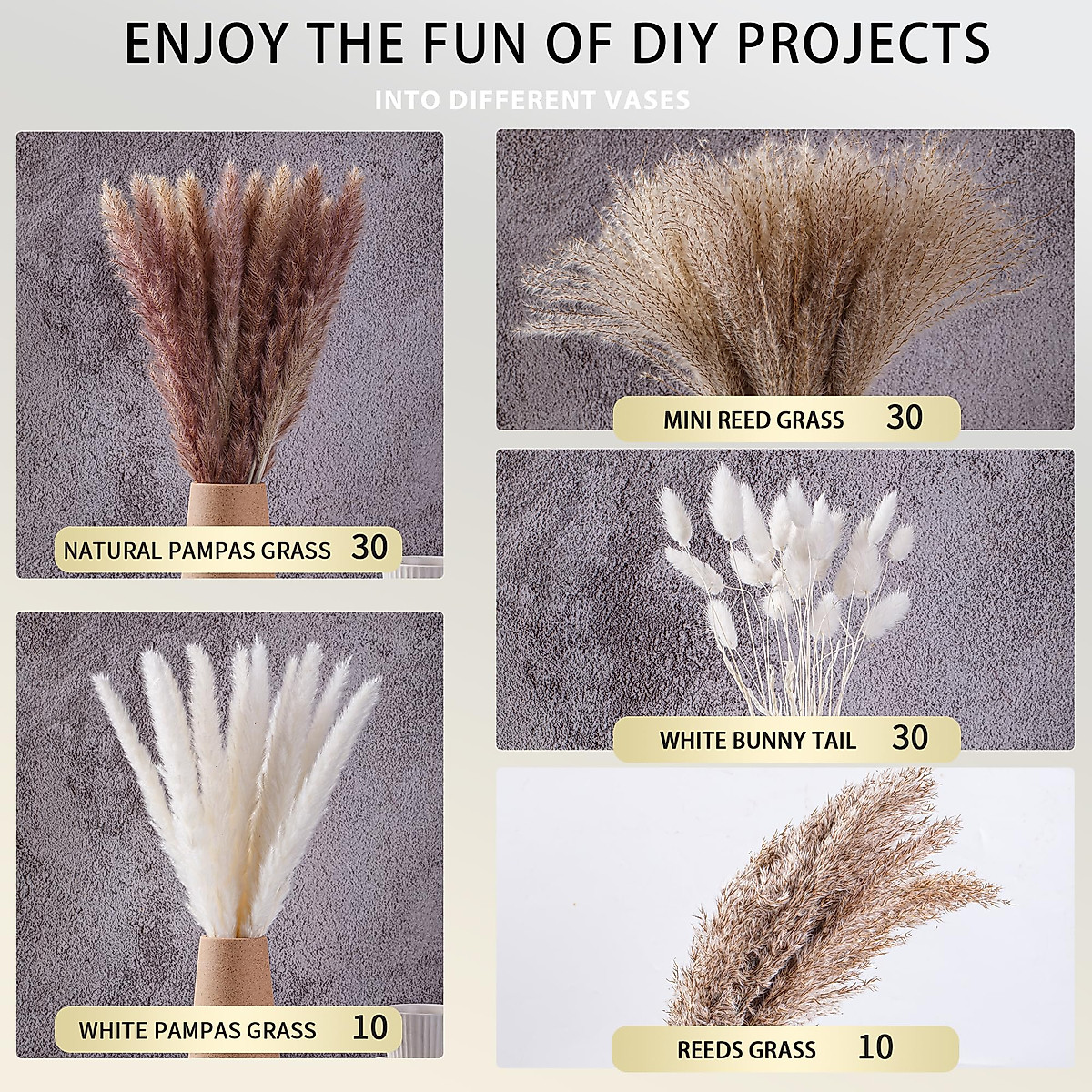 Bnecnet 110Pcs Dried Pampas Grass Decor - 17.5” Natural Pampas Grass Bouquet, Bunny Tails Dried Flowers & Reed Grass Bouquet for Wedding Boho Flowers Home Table Decor, Rustic Farmhouse Party