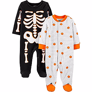Simple Joys by Carter's Unisex Babies' Halloween Cotton Snap Footed Sleep and Play, Pack of 2, Skeleton/Halloween Pumpkin, 0-3 Months