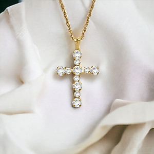 Jewelili 10k Yellow Gold Cross Pendant Necklace with 2mm and 3mm White Round Cubic Zirconia, 18" Gold Filled Rope Chain