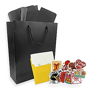 yacool Black Gift Bag 11 x 4 x 13 with Greeting Card, Sticker and Tissue Paper for Birthday, Valentine, Party, Baby Shower, Girls, Boys