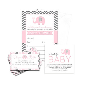 Paper Clever Party Pink Elephant Baby Shower Invitation Bundle Includes Blank Invites with Envelopes for Girls, Diaper Raffle Insert Bring a Book Cards Set (25 of Each) Jungle Theme Princess