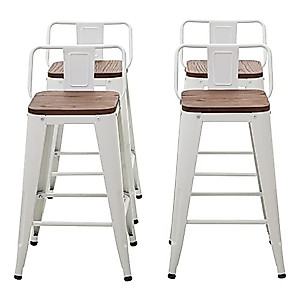 Sophia & William 24 Inch Metal Bar Stools Set of 4 Counter Height Detachable Low Back Bar Stools with Wooden Seat,Indoor/Outdoor Barstools,Creamy White
