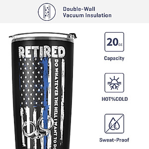 Retired Police Officer Tumbler Retirement Gifts for Police Officers The Legend Has Retired American Flag Blue Line Retirement Gifts For Men Dad Stainless Steel Travel Mug -20oz (Gifts for Retirees)