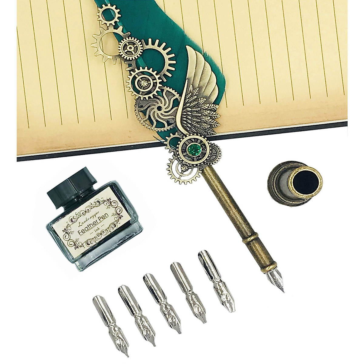 KYLLOG Quill Pen,Mechanical Wing The Feather Pen,Vintage Quill Dip Pen Handmade Feather Pen Calligraphy Pens Set,5 Replacement Nibs,Pen Stand Base,Vintage Quill Signature Pen (green)