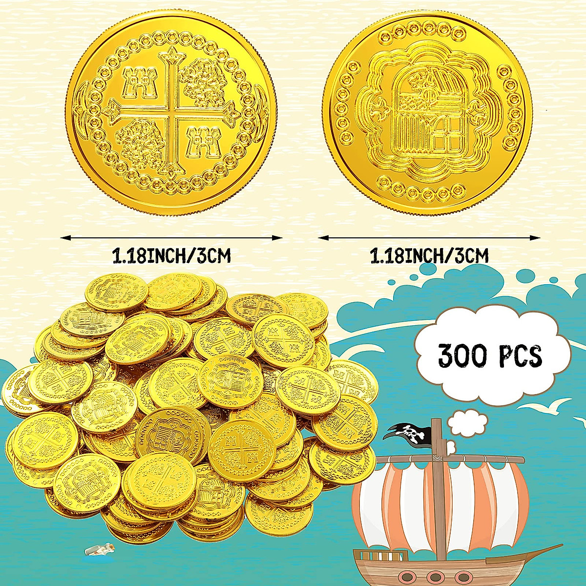 Chivao 300 Pcs Gold Coins Plastic Treasure Pirate Coins Toy Carnival St. Patrick's Day Party Favors Fake Toy Pirate Party Decoration Birthday Adventure Themed Supplies(Gold)