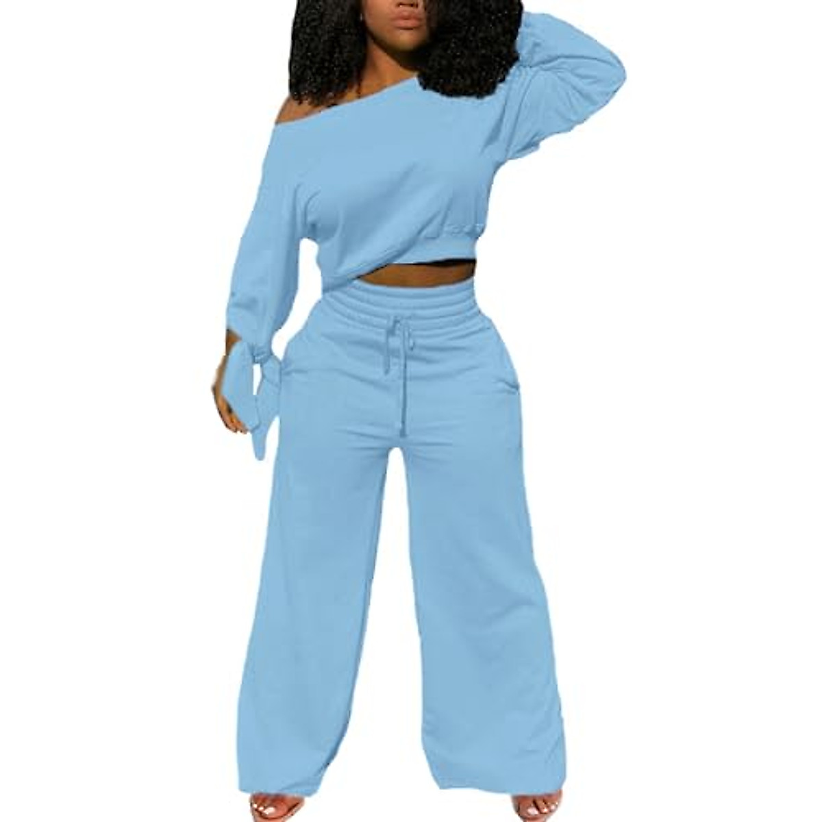 sexycherry Two Piece Sets for Women Sexy Light Blue One Off Shoulder Long Tie Knot Sleeve Wide Leg Long Sweatpants Sweatsuits with Pockets (X-Large)
