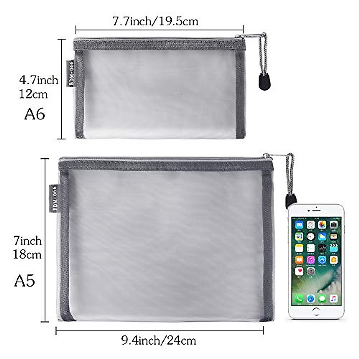 HRX Package Nylon Mesh Cosmetic Bags Zipper Pouches, 6PCS Gray Makeup Pouches Pen Pencil Organizer Case for Purse Diaper Bag Travel (A5 x 3pcs, A6 x 3pcs)