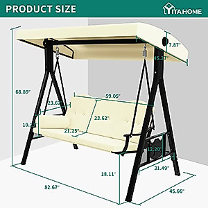 YITAHOME 3-Seat Deluxe Outdoor Porch Swing Large Patio Swing Chair with Weather Resistant Steel Frame, Removable Cushion & Pillow Suitable for Garden, Poolside, Balcony (Beige) (MAYIH0000021MA)