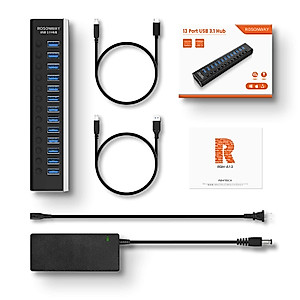 Powered USB Hub Rosonway Aluminum 13 Port USB 3.1/3.2 Gen 2 Hub 10Gbps with 72W (12V/6A) Power Adapter and Individual Switches, Type A and Type C Cables, USB C Hub Expander for PC and Laptop, RSH-A13