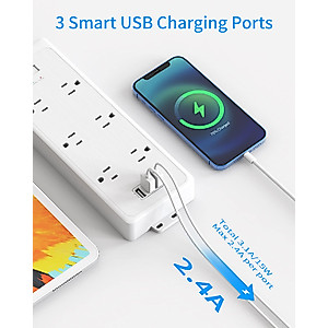 15 FT Extension Cord Surge Protector Power Strip 6 Super Wide Spaced Outlets, NTONPOWER Flat Plug Surge Protector Wall Mount with 3 USB, 1875W, 15A, 1700 Joules, Overload Protection for Home Office