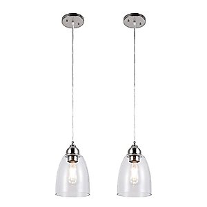 GRUENLICH Pendant Lighting Fixture for Kitchen and Dining Room, Hanging Ceiling Lighting Fixture, E26 Medium Base, Metal Construction with Clear Glass, Bulb not Included, 2-Pack, Nickel Finish