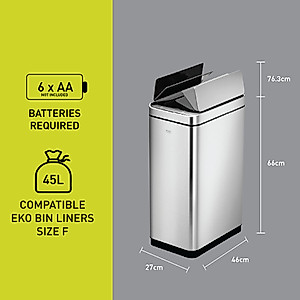 EKO Deluxe Phantom 45 Liter / 11.8 Gallon Touchless Motion Sensor Trash Can, 50 Liter Vertical, Brushed Stainless Steel Finish
