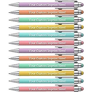 Express Pencils™ - Pastel Custom Pens with Stylus - Soft Touch Design - Personalized Metal Frame Printed Name Pens with Black Ink - Imprinted with Logo or Message (Assorted)