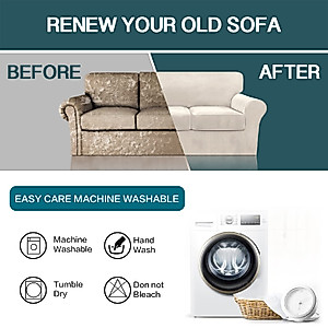 FantasDecor 3 Piece Sofa Covers Velvet for 2 Cushion Couch Stretch Loveseat Slipcover with Individual Seat Elastic Furniture Protector for Pets (Loveseat, Ivory)