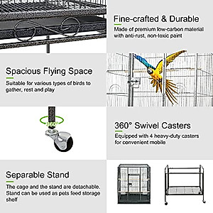 Epetlover 53 Inch Height Wrought Iron Standing Parrot Large Flight Bird Cage with Rolling Stand Birdcages for Parakeet Cockatiel Conure Lovebird Finch Black