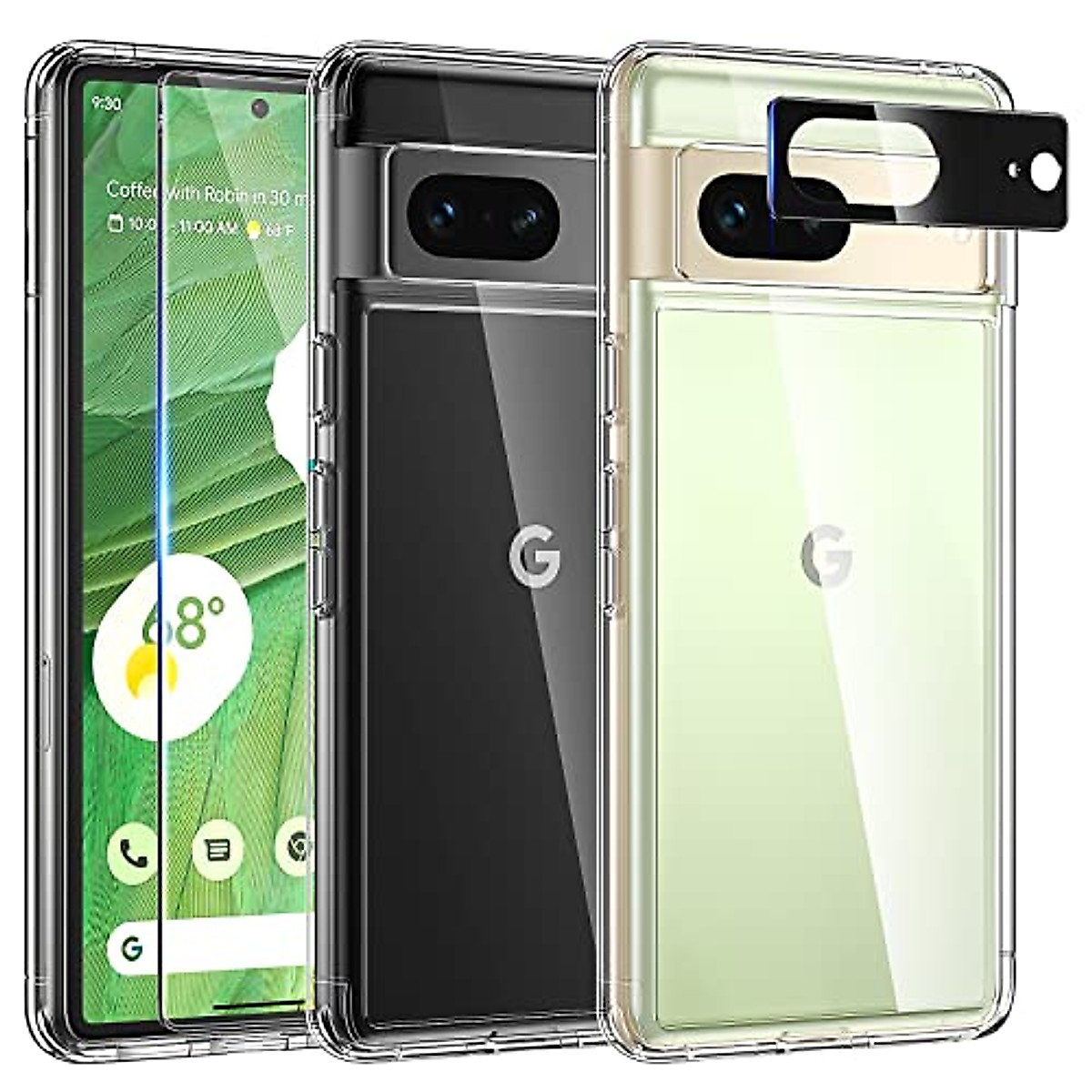 TAURI [5 in 1 Designed for Google Pixel 7 Case Clear, [Not Yellowing] with 2 Tempered Glass Screen Protector + 2 Camera Lens Protector, [Military Grade Drop Protection] Slim for Pixel 7 Phone Case