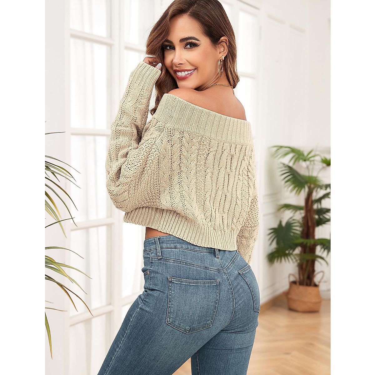 ZAFUL Women's Off Shoulder Cable Knit Crop Top Sweater - Long Sleeve Pullover with Batwing Sleeves