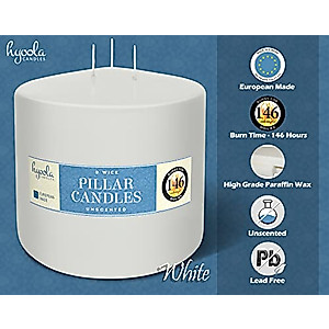 HYOOLA White Three Wick Large Candle - 6 x 6 Inch - Unscented Big Pillar Candles - 146 Hour - European Made