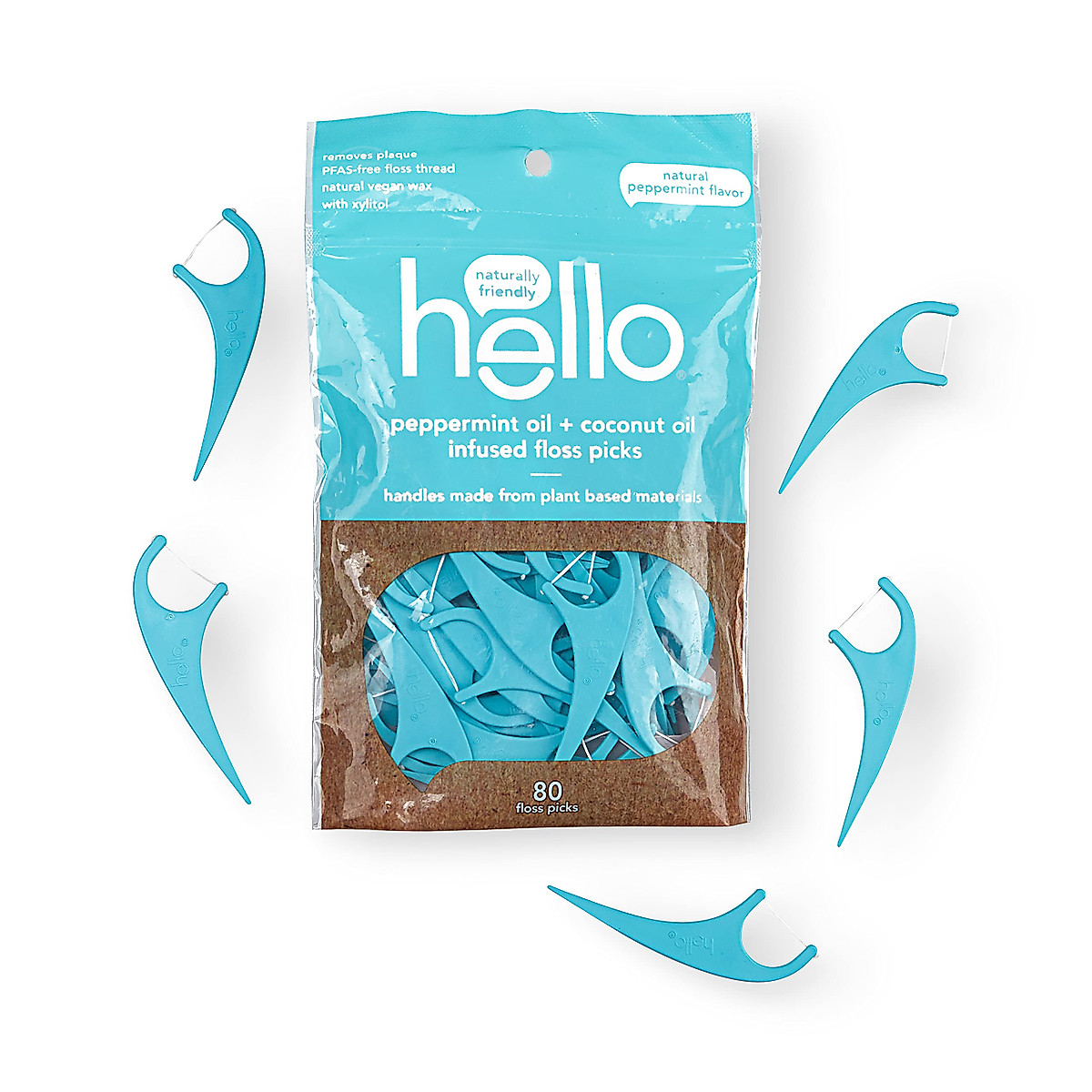 hello Peppermint Floss Picks, Natural Peppermint + Xylitol Infused, PFAS-free Thread, Vegan & Sls Free, 80 Count (3 Packs Of 80, Total Of 240 Floss Picks), 3 count