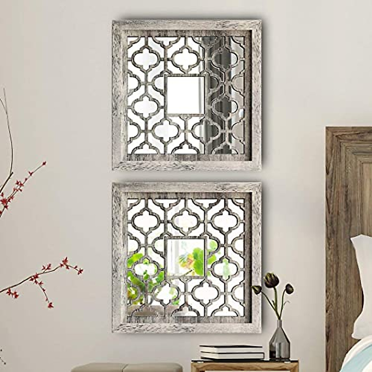 qmdecor Square Rustic Distressed White Framed Wall Decorative Mirror 12x12 inches Modern DIY Fashion MDF Wood Material Wall-Mounted Mirrors Set of 2 Pieces