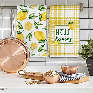 AnyDesign Lemon Kitchen Towel Watercolor Hello Lemons Dish Towel 18 x 28 Inch Spring Summer Yellow Check Plaids Hand Drying Tea Towel for Farmhouse Cooking Baking Cleaning Wipes, Set of 2