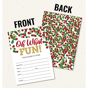 20 Holiday Party Invitations Oh What Fun with Red, Green and Gold Dots, (NOT real glitter) Christmas Eve, Office, Church, Bridal or Baby Shower, Friend, Family or Neighbor Season Events