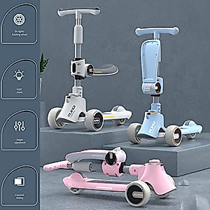 Scooter for Kids, Child Toddlers Toy, 3 Wheel Foldable Kick Scooters with Adjustable Height, Anti-Slip Deck, Flashing Wheel Lights, for Boys Girls Ages 2-12 Years Old (Blue (with seat))