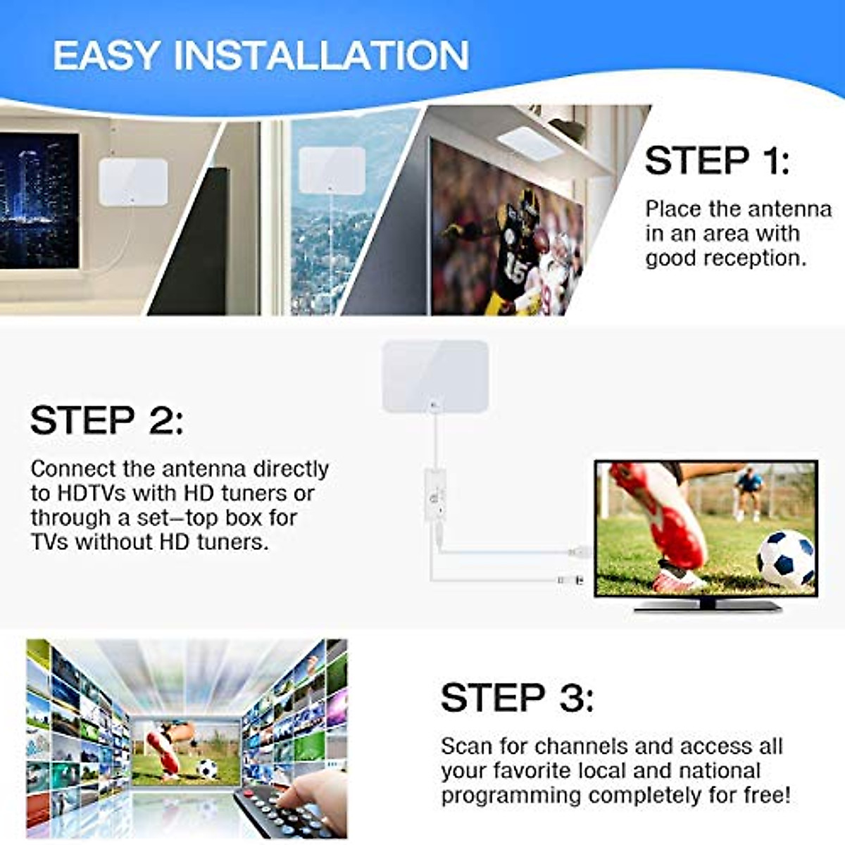 1byone Amplified HD Digital TV Antenna - Support 4K 1080p and All Older TV's - Indoor Smart Switch Amplifier Signal Booster - Coax HDTV Cable/AC Adapter