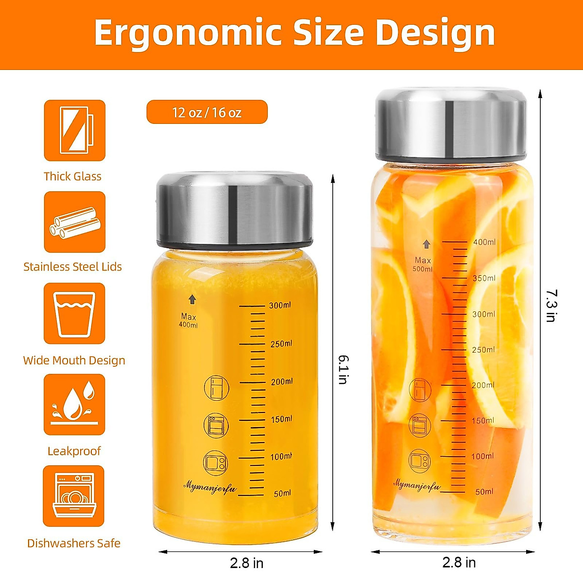 Glass Juice Bottles 12 oz - Wide Mouth Glass Water Bottles with Lids and Sleeve- for Juicing, Smoothies, Milk, Protein, Reusable, Stainless Steel Lids, Leak Proof, Shaker bottle (12oz/400ml)