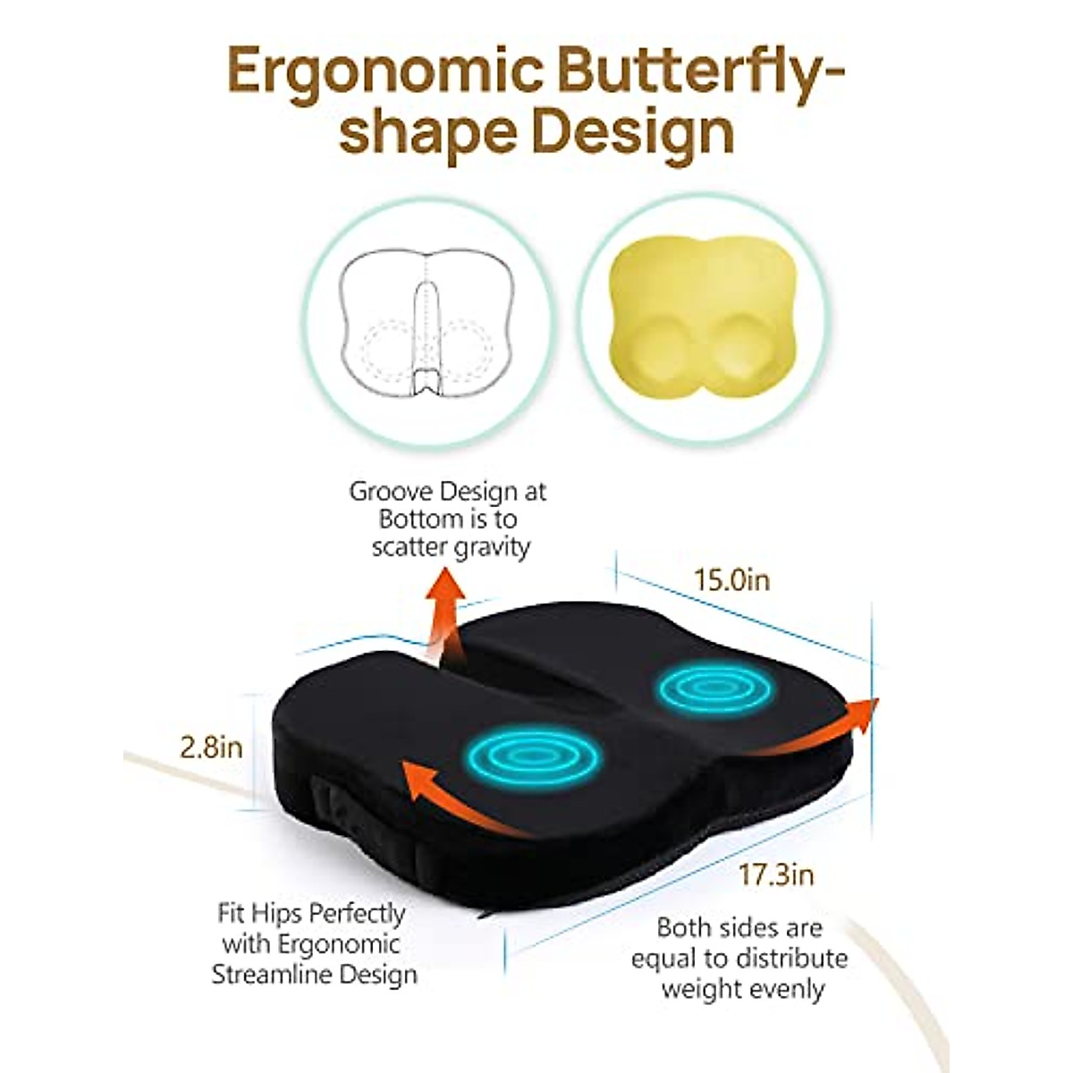 Travel Ease Memory Foam Orthopedic Coccyx Seat Cushion, Seat Cushion for Lower Back Pain and Sciatica Tailbone Pain Relief – Fit for Office Chair, Car Seat, Wheelchair (Black)