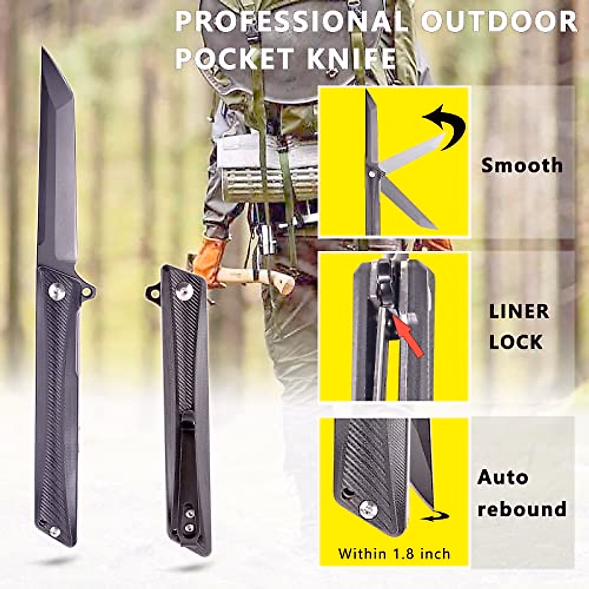 Lsqurel Pocket Knife, G-10 Carbon Fiber Handle + D2 Steel PVD Titanium Coating Blade for Men EDC Folding Knife Spring Assisted Knife 8.5 INCH