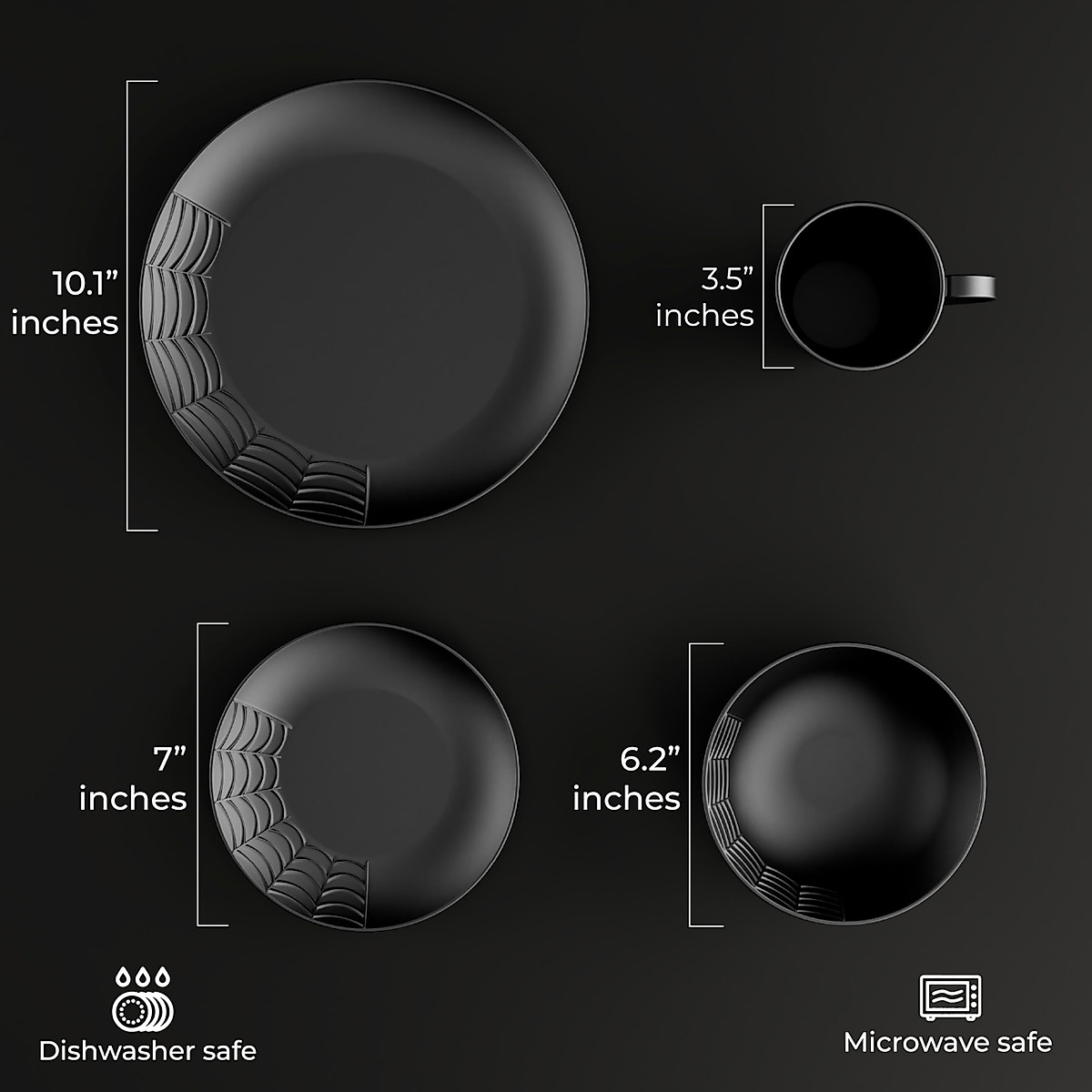 Nomnu Spiderweb Dinnerware Set (16 Pieces) - Gothic Kitchen Decor - Black Matte Porcelain Gothic Dinnerware Set: 4 Dinner Plates 4 Salad Plates 4 Bowls 4 Mugs - Spiderweb Decor Halloween Spooky Gifts