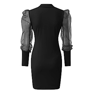 Shakumy Women Puff Mesh Long Sleeve Round Neck Bodycon Pencil Party Mini Dress Casual Elegant Cocktail Club Short Dress