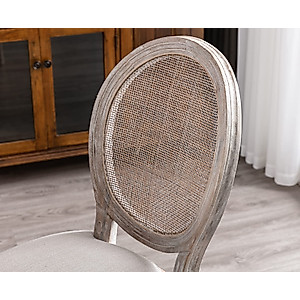 Kmax Farmhouse Dining Room Chairs, Fabric French Distressed Bedroom Chairs with Round Rattan Back, Elegant Tufted Kitchen Chairs, Set of 4, Beige